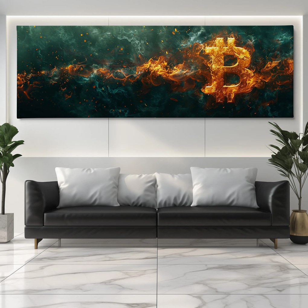 Obraz na plátně - Bitcoin in Fire Emerald FeelHappy.cz Velikost obrazu: 60 x 20 cm