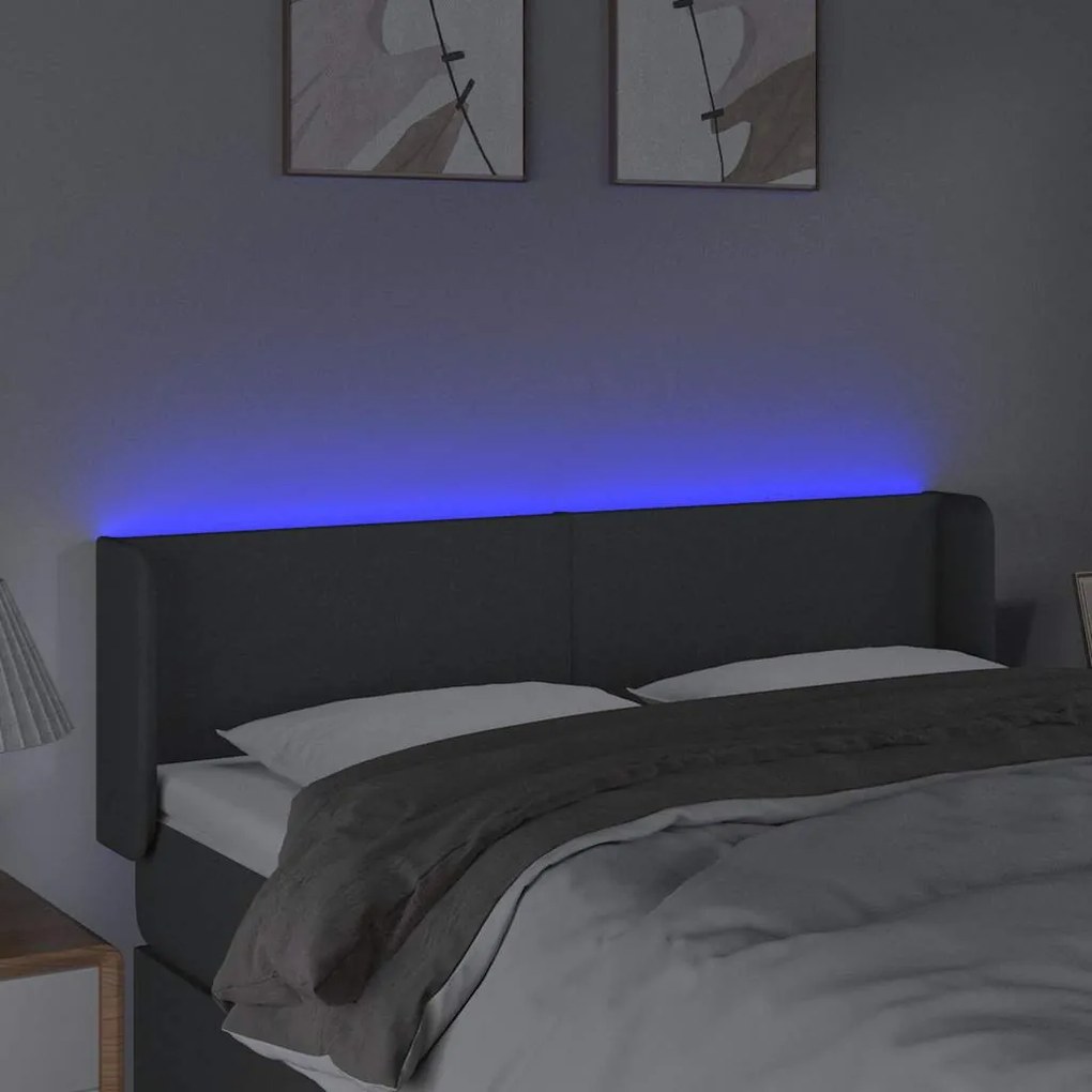 Čelo postele s LED tmavě šedé 147 x 16 x 78/88 cm textil 3122955
