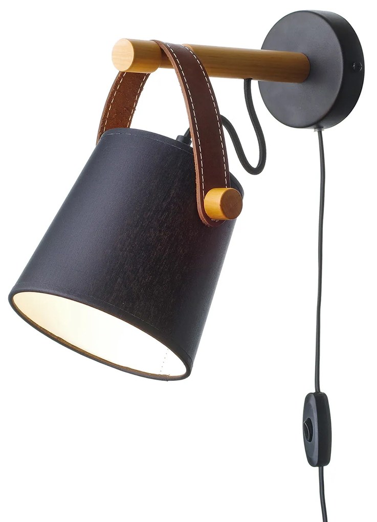 Light for home - Nástěnné svítidlo s kabelem a vypínačem a zástrčkou. 442 "RIONI", 1x40W, E27, černá, přírodní olše, hnědá kůže