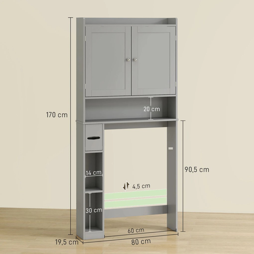 HOMCOM nástavec nábytku pro WC nebo pračku, 2 dveře, 3 přihrádky, držák na toaletní papír, 80x19,5x170 cm, šedá