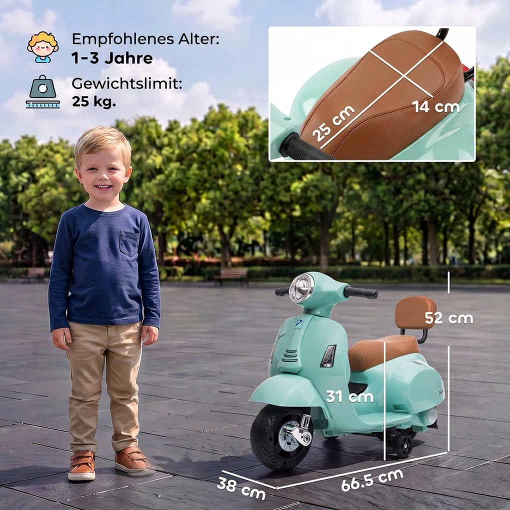AIYAPLAY Elektro motorka pro děti Mini Vespa GTS 6V s lithiovou baterií, ergonomické sedadlo, opěrka zad, 1,5-3 roky 370-484V90GN