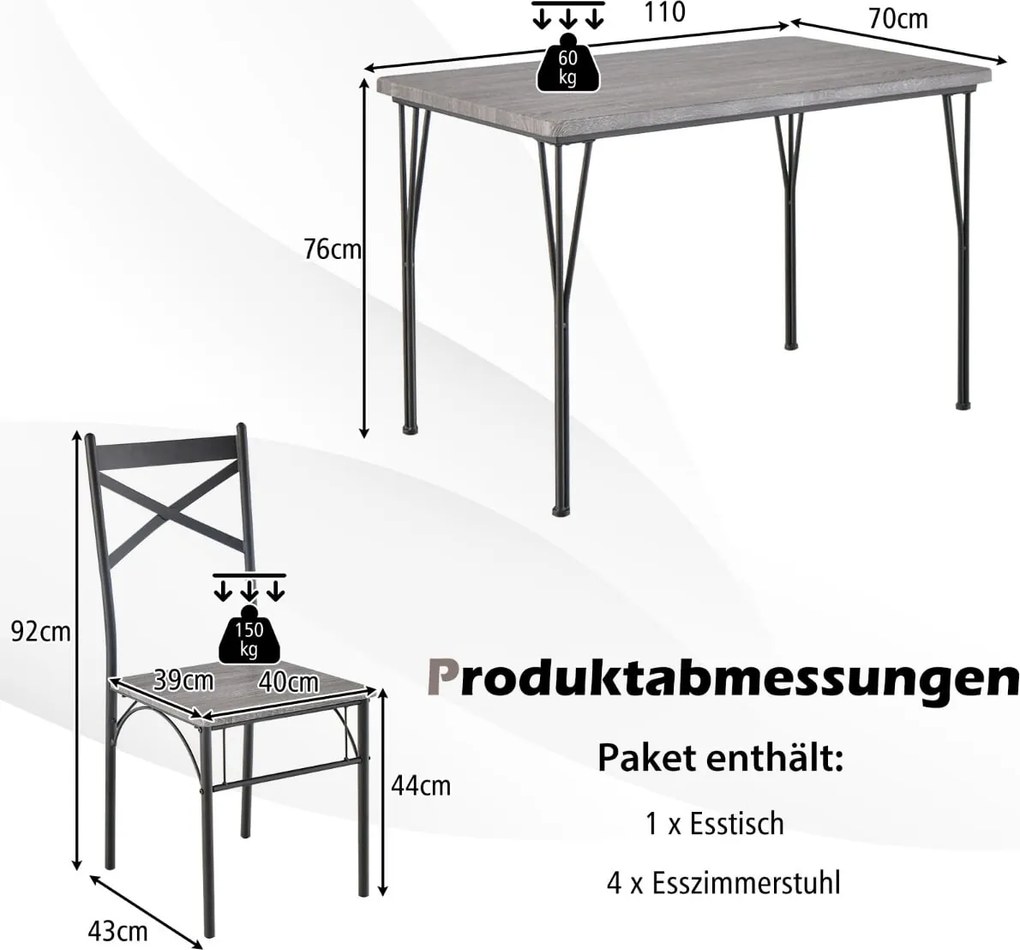 Costway 5dílná jídelní sada pro 4 osoby moderní obdélníkový jídelní stůl a 4