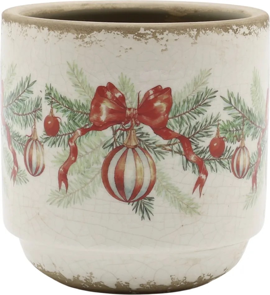 Béžový keramický květináč s vánočními ozdobami Christmas Bow & Bauble – Ø 10*10 cm