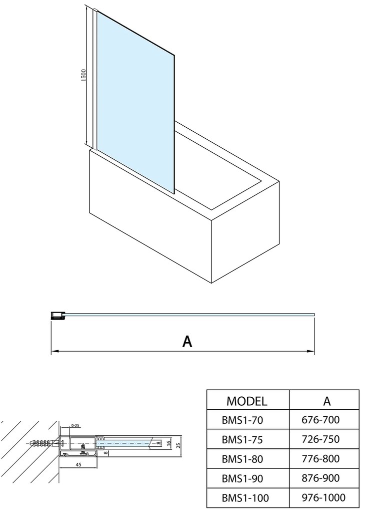 Polysan, MODULAR SHOWER vanová zástěna 900x1500mm, čiré sklo, BMS1-90