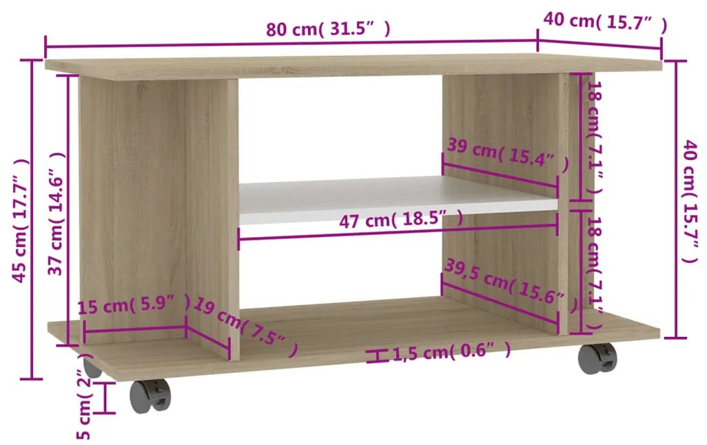 vidaXL TV stolek s kolečky bílý a dub sonoma 80x40x40 cm dřevotříska