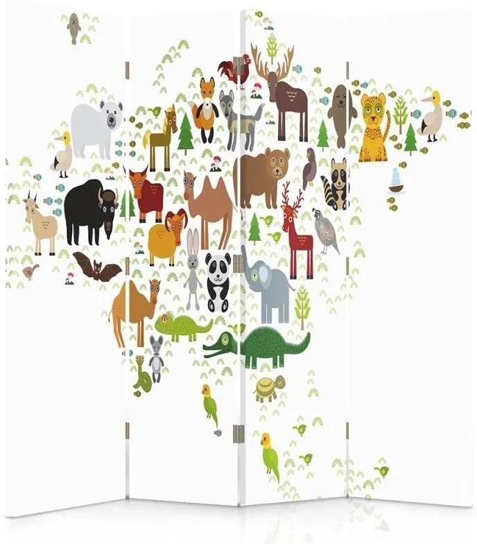 Ozdobný paraván, Mapa světa se zvířaty - 145x170 cm, čtyřdílný, obustranný paraván 360°