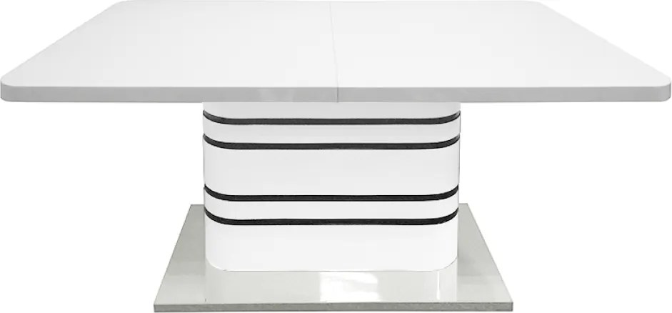 Jídelní rozkládací stůl, bílá vysoky lesk HG / černé pásky, 160-220x90 cm, TUBAL