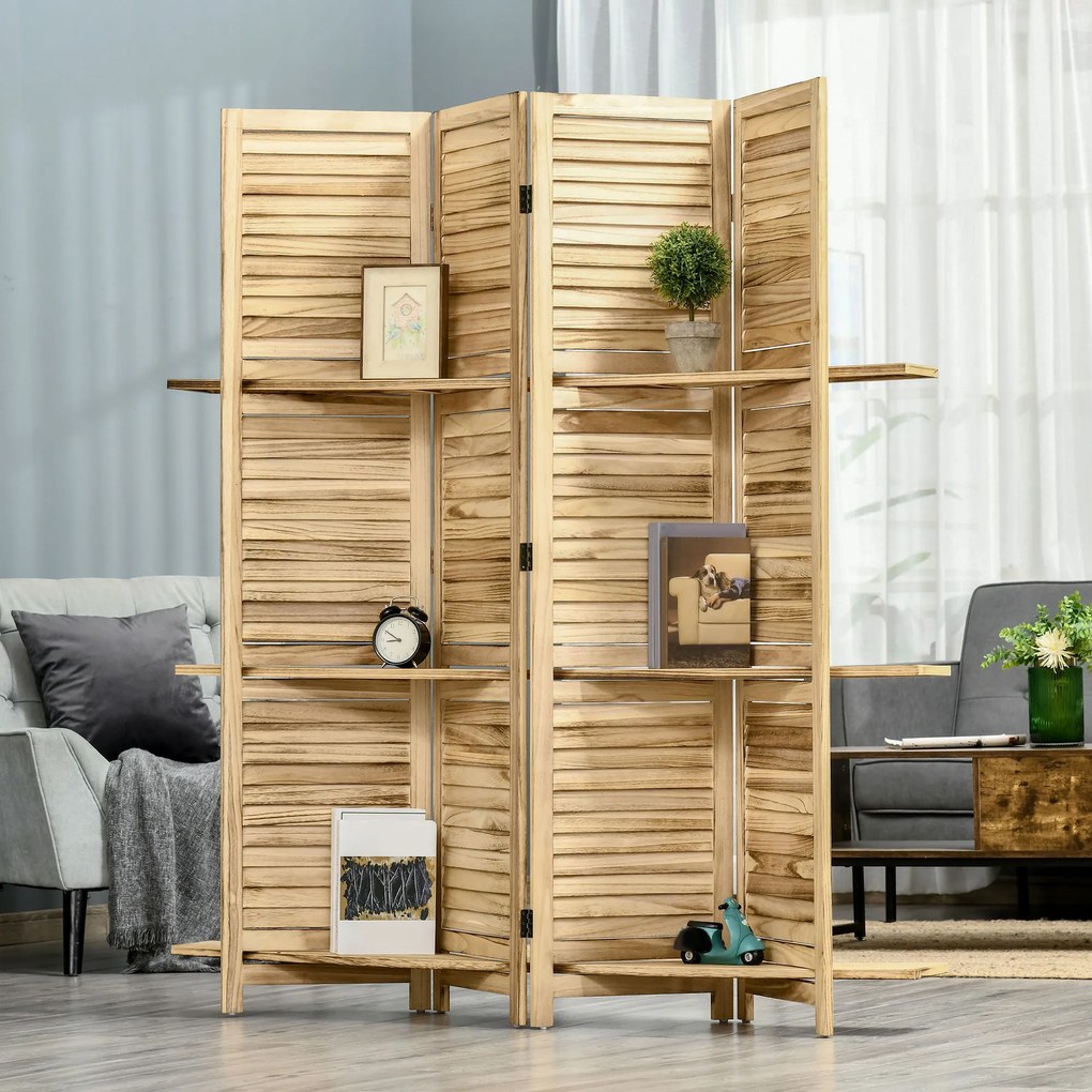 HOMCOM Předěl do interiéru, 4 panely, 162Š x 170V cm, 3 police, skládací dělící stěna, lamelové dveře z přirozeného paulovnie