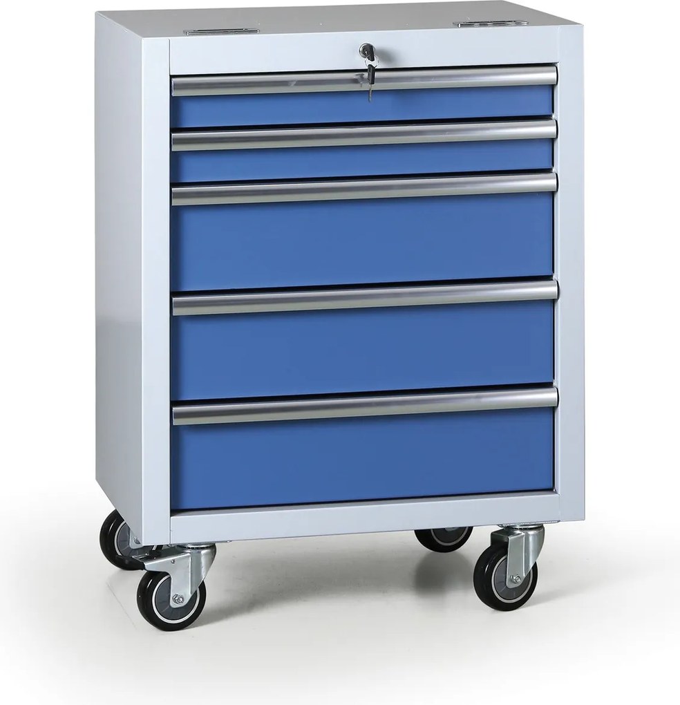 Pojízdný dílenský box na nářadí G2, 5 zásuvek, 645 x 460 x 860 mm, modrá