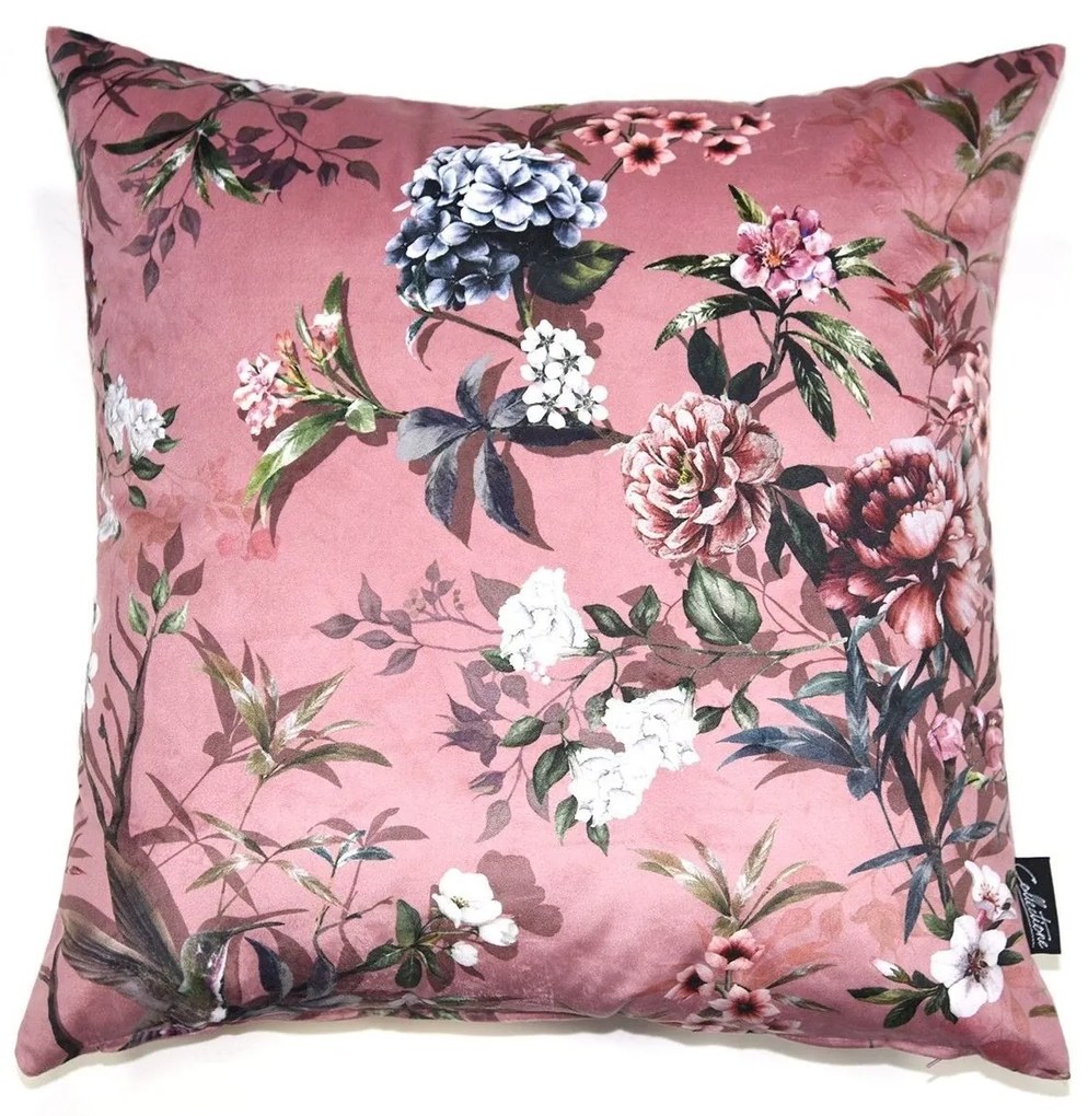 Růžový sametový polštář s květy Luisa roze- 45*45cm