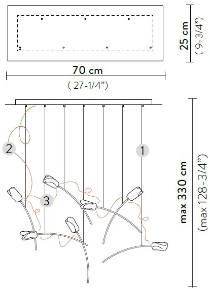 Slamp Tulip 7 linear, závěsné designové svítidlo, 7x3,2W LED 3000K stmívatelné, délka 70cm