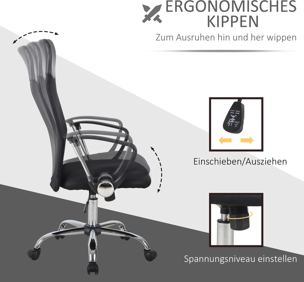 Kancelářská židle HOMCOM se síťovinou, výškově nastavitelná kancelářská židle, ergonomická herní židle, otočná židle s houpací funkcí, černá | Aosom.…