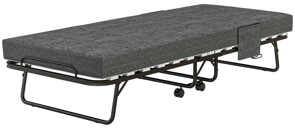 Skládací postel pro hosty HOMCOM s kolečky, 190x80 cm, 10 cm matrace, potah a boční taška, tmavě šedá, ideální do ložnice a na cesty | Aosom.de