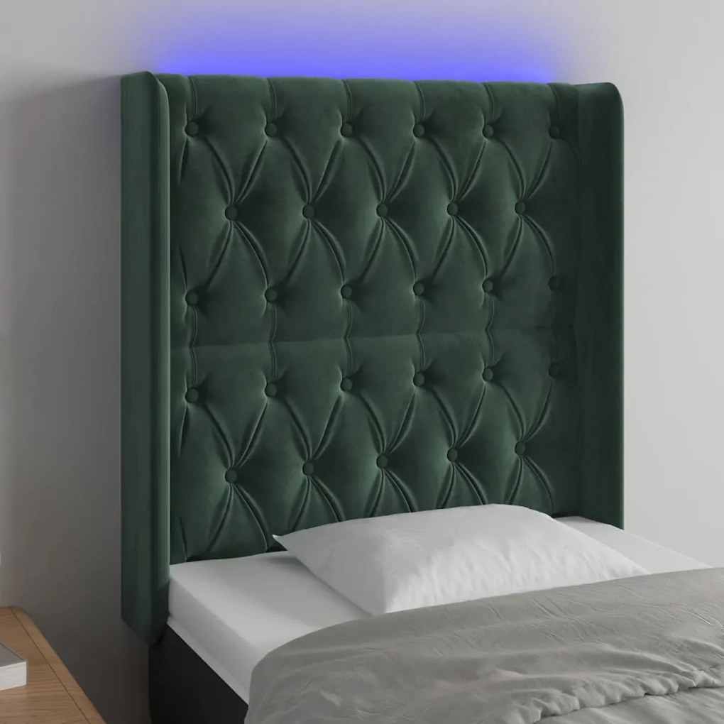 Čelo postele s LED tmavě zelené 83 x 16 x 118/128 cm samet 3124417