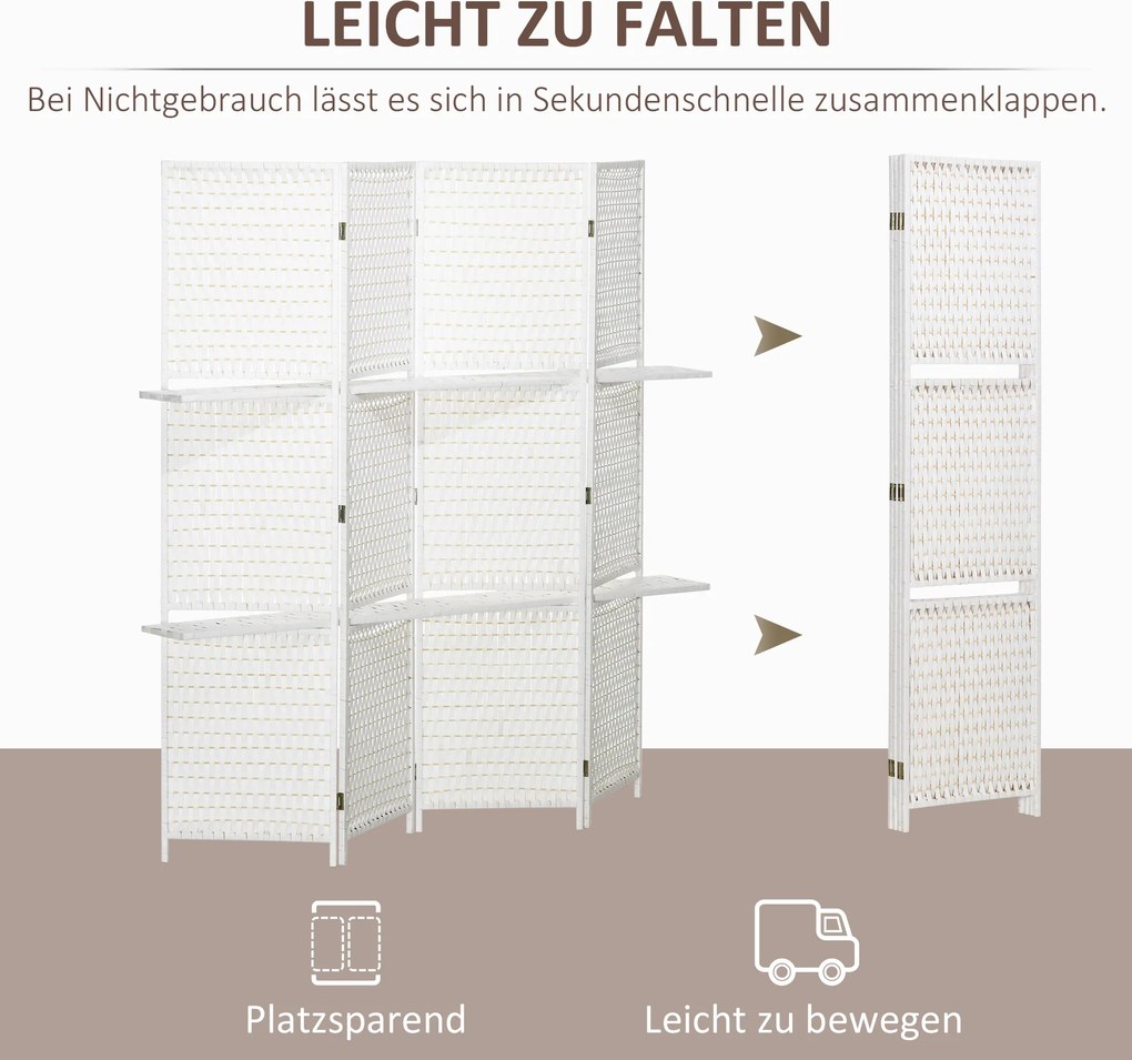 HOMCOM Skládací paraván se 4 panely 181x180 cm s policemi, dekorativní oddělovací příčka do ložnice, obývacího pokoje, kuchyně - Bílá