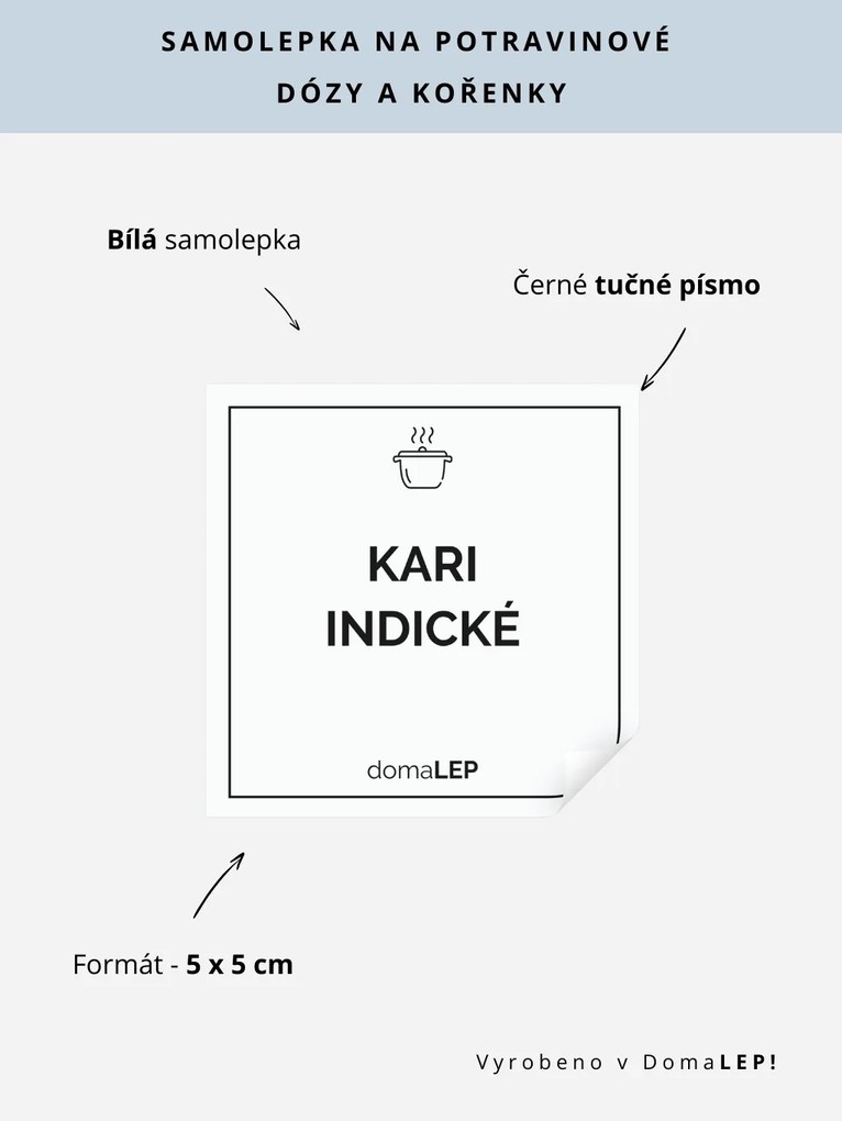 Samolepka na kořenky KARI INDICKÉ bílá 5 × 5 cm tučné písmo