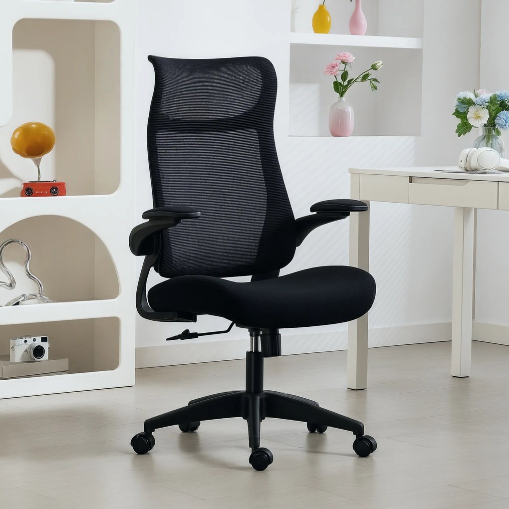 HOMCOM Ergonomická kancelářská židle se 3D opěrkami rukou, síťovaným opěradlem, S-formovaným opěradlem, opěrkou hlavy, funkcí naklápění, černá