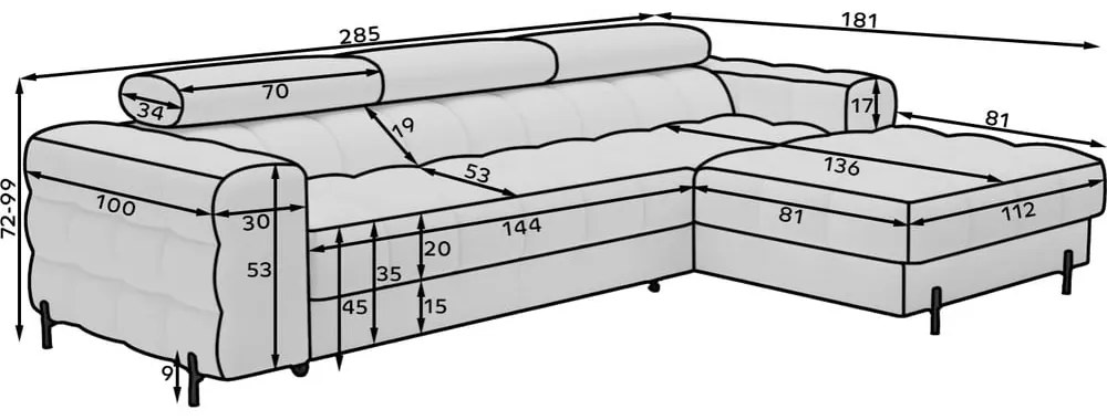 Béžová sametová rozkládací/s úložným prostorem rohová pohovka (levý roh/s lenoškou) Felro – ELTAP