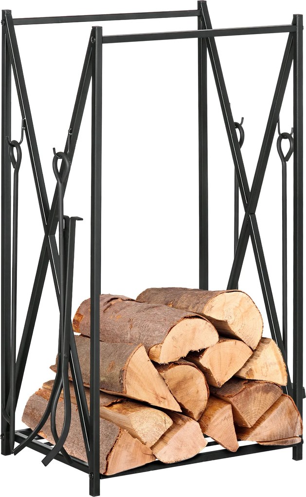HOMCOM Držák na dřevo do krbu 46x30x76 cm s 4 nástroji, ocelový rám, stabilní nosnost 100 kg pro venkovní i vnitřní použití, černý | Aosom