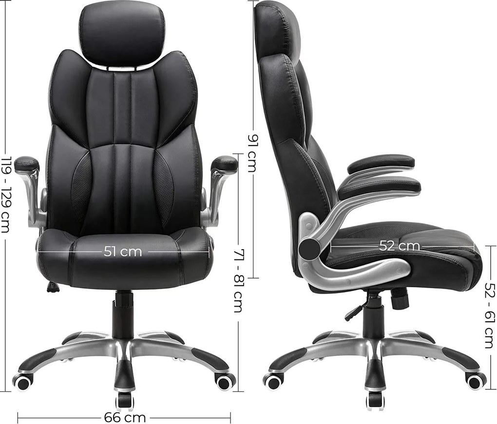 Ergonomická otočná židle, kancelářská židle se skládacími rameny, černá