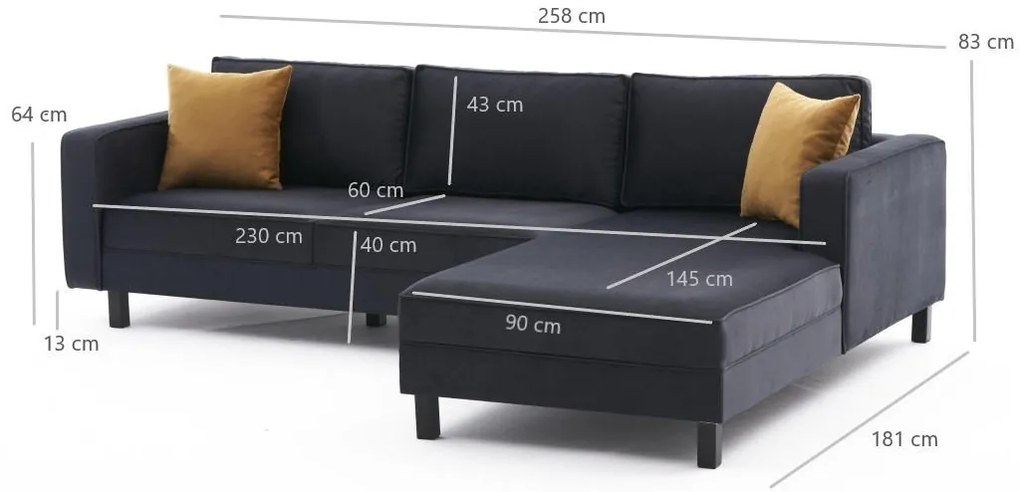 Hanah Home Sametová pohovka KALE antracit pravá 825BLC2720