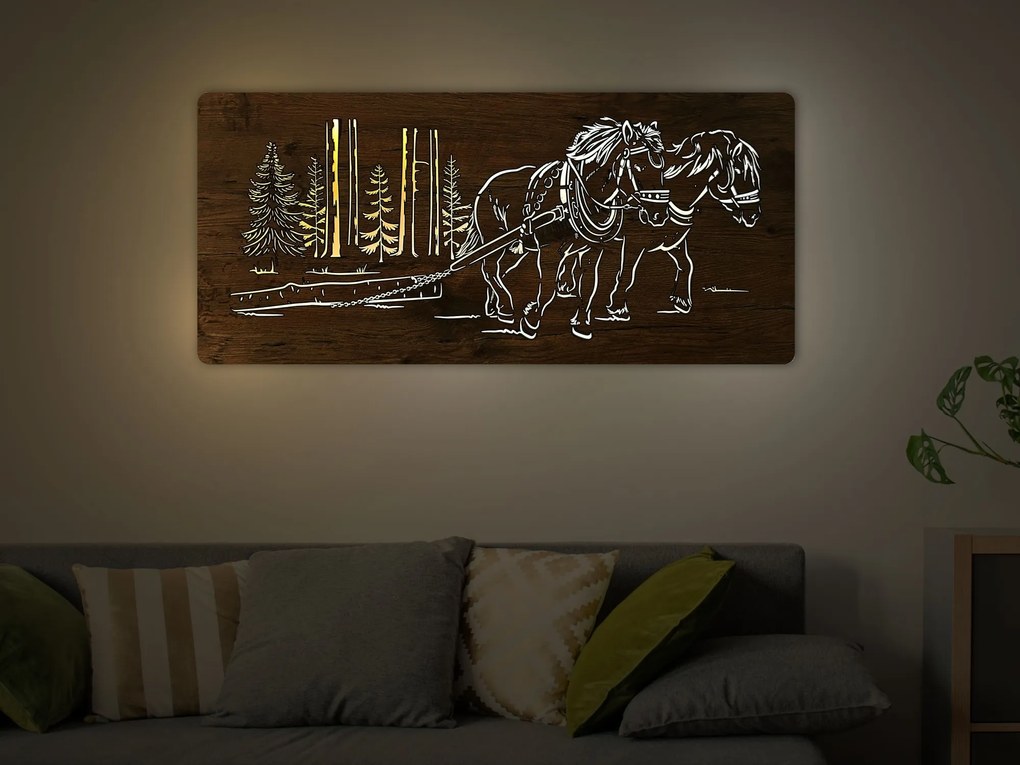 Li-Go "Koně v lese" světelný obraz  230V 110x50cm provedení povrchu: dub světlý