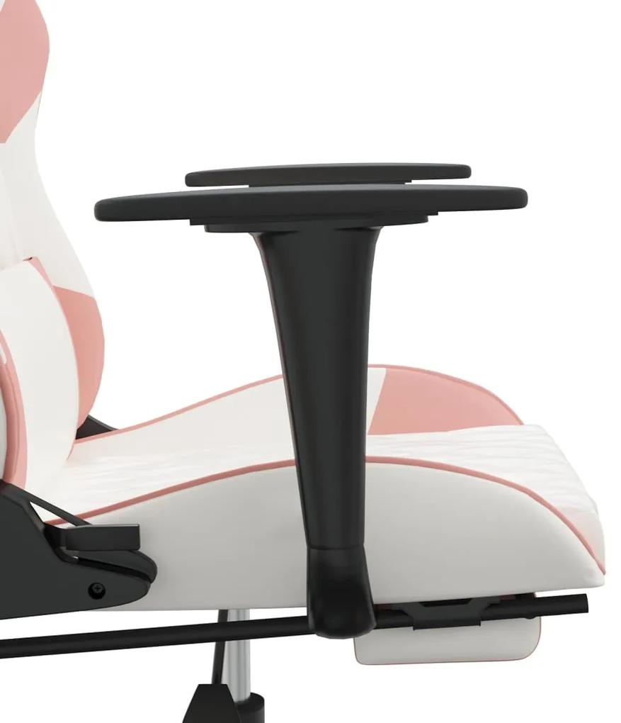 Masážní herní židle s podnožkou bílá a růžová umělá kůže,  345530