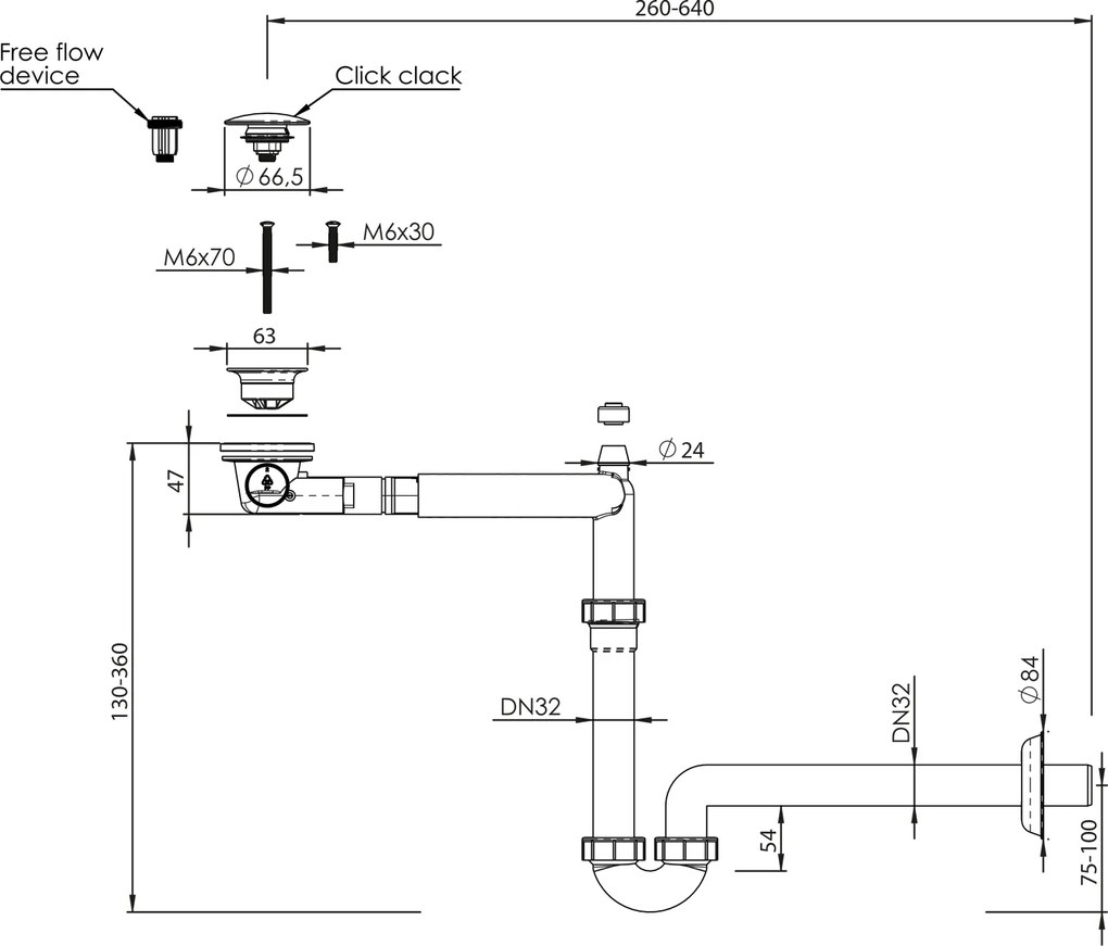 Bruckner Urbino umyvadlový sifon šetřící místo Click Clack 5/4 odpad 32 mm bílá 151.133.0