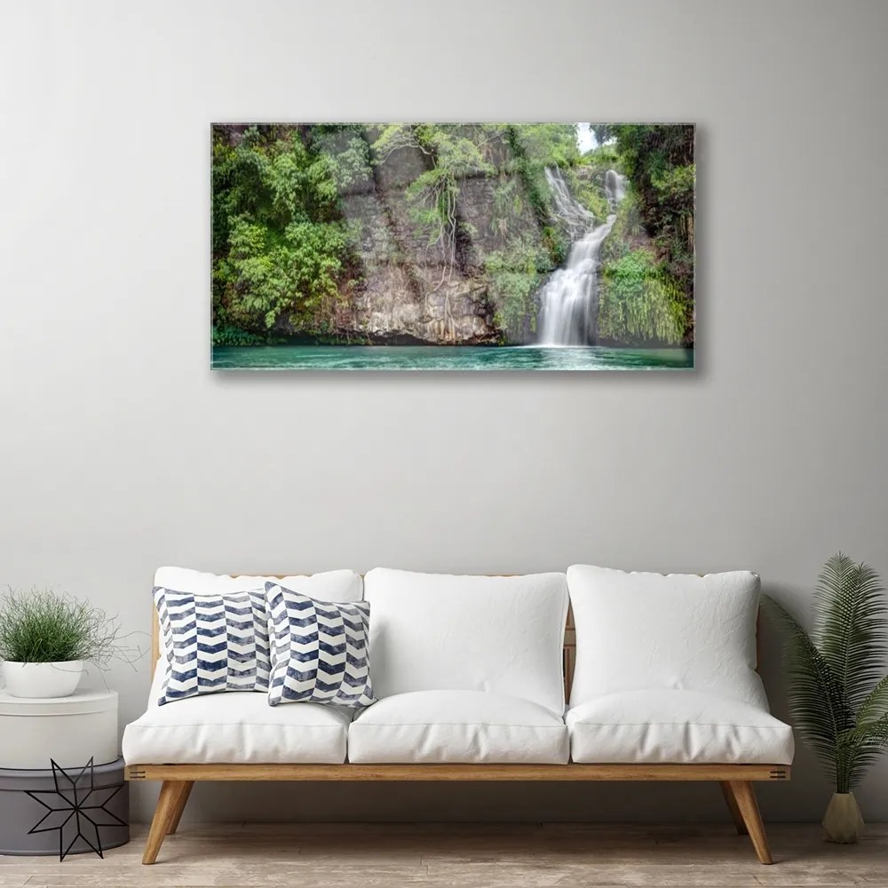 Obraz na skle Vodopád Skála Příroda 125x50 cm