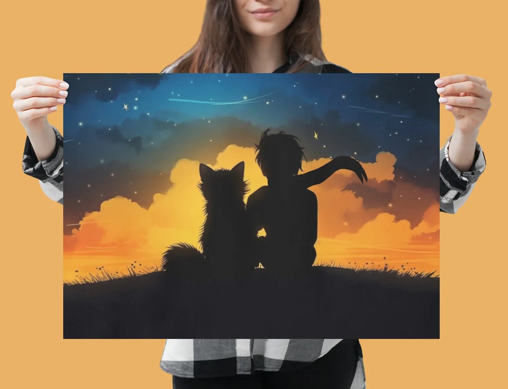 Plakát - Malý princ a liška pozorují nádherný západ slunce (siluety) FeelHappy.cz Velikost plakátu: A3 (29,7 × 42 cm)