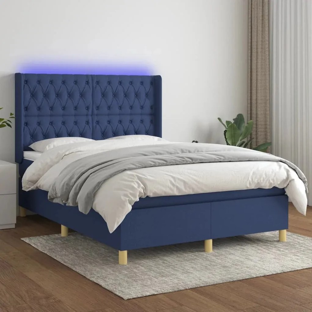 Box Spring Postel S Matrací A Led Textil Modrá Prošívaný design 140 x 200