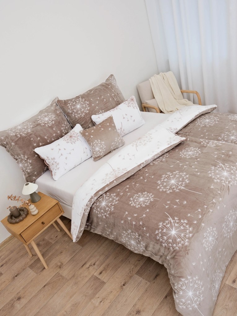 MK Lůžkoviny Prodloužené mikroplyšové povlečení Exclusive - Pampelišky cappuccino 140 × 220 cm, 70 x 90 cm
