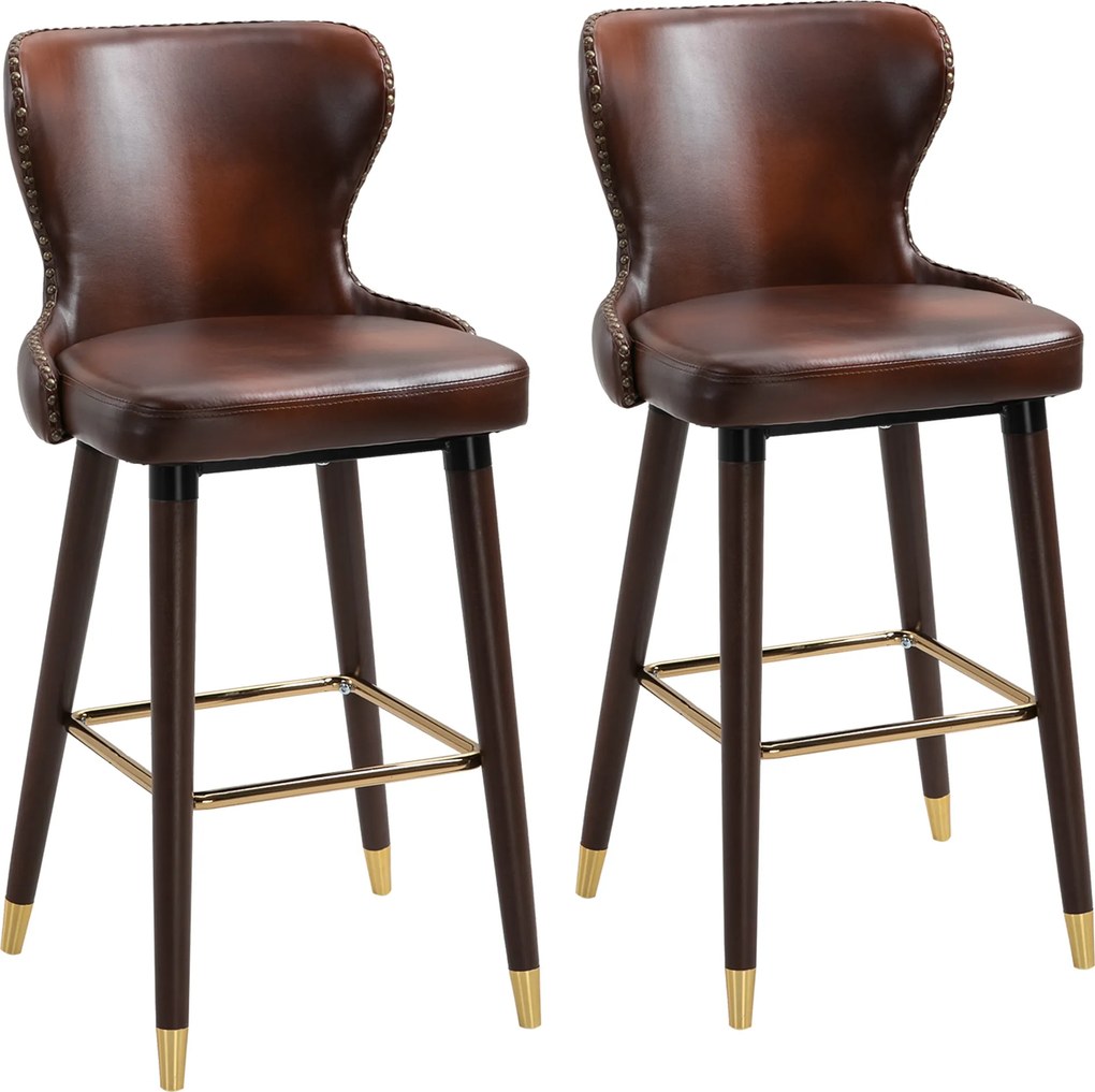 HOMCOM Barová židle sada 2 ks elegantní bistro židle s podnožkou a opěradlem, jídelní židle PU hnědá 52x53x101cm | Aosom.de