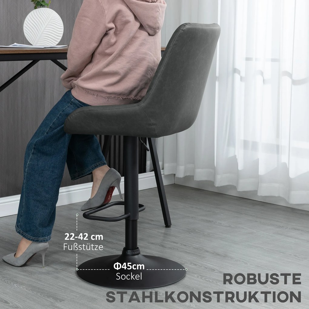 HOMCOM Sada 2 výškově nastavitelných barových židlí s opěradlem, kuchyňská stolička imitace kůže tmavě šedá pro bar a kuchyň