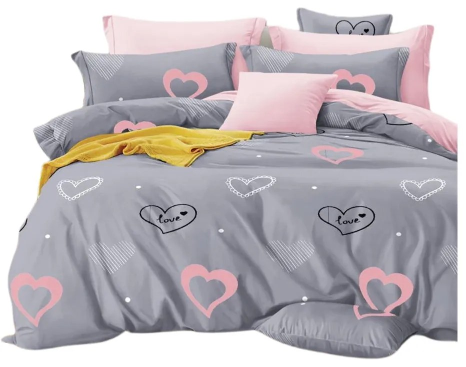 Bavlissimo 7-dílné povlečení bavlněné se srdíčky a love na šedé 140x200 na dvě postele