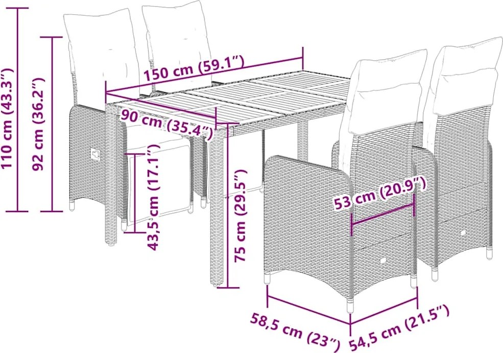 5dílný zahradní bistro set s poduškami černý polyratan 3277137