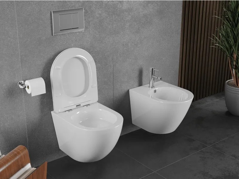 Mexen Lena, závěsná WC mísa 490x360x340 mm, Rimless Tornádo + toaletní WC sedátko z duroplastu, bílá lesklá, 30220400T