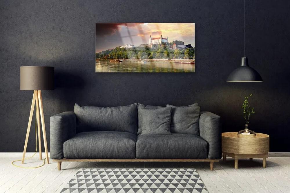Obraz na skle Město Jezero Krajina 125x50 cm