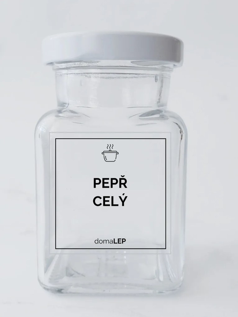 Samolepka na kořenky PEPŘ CELÝ průhledná 5 × 5 cm tučné písmo