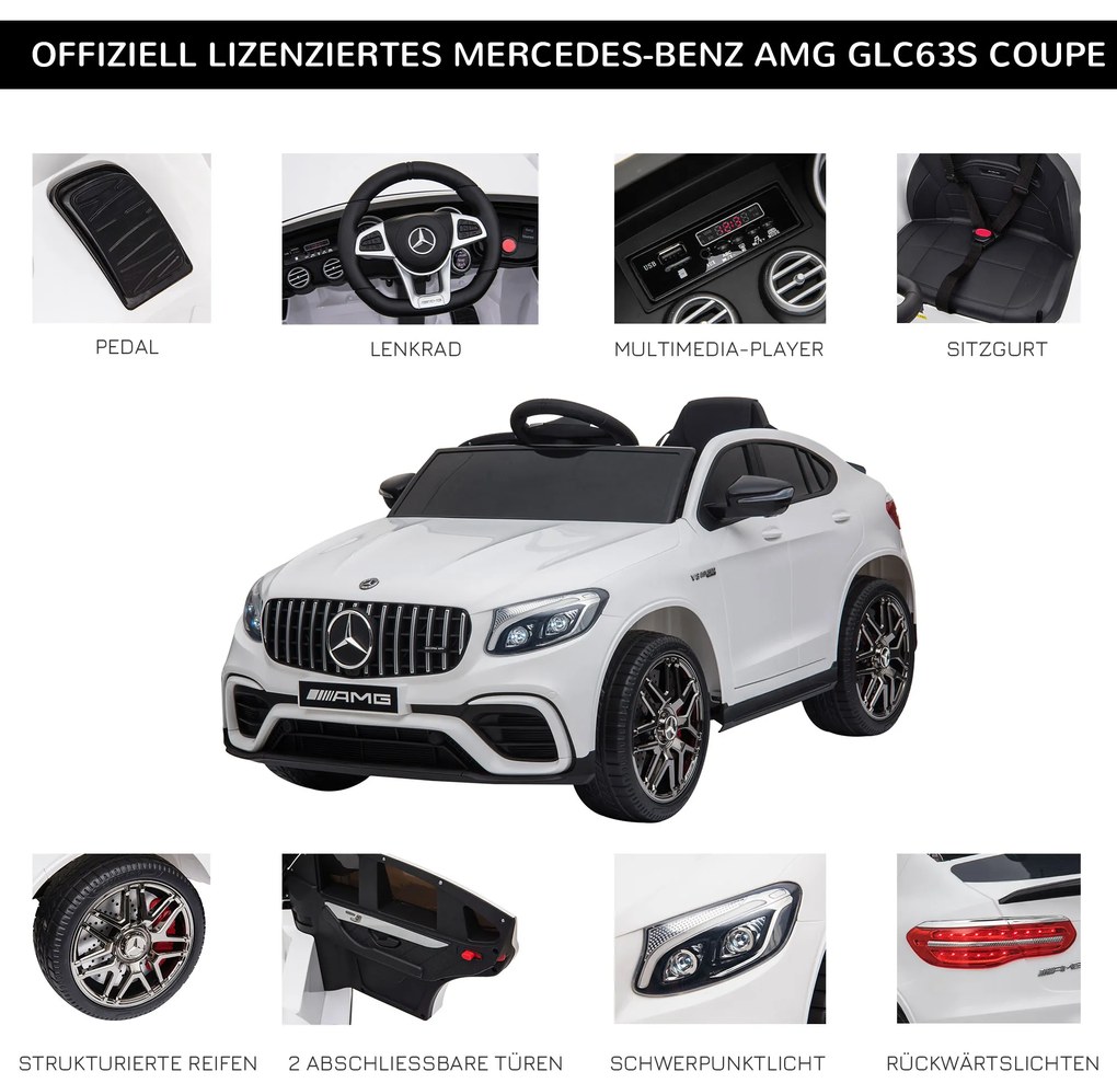 HOMCOM 12V Mercedes-Benz AMG GLC63S COUPE dětské elektrické autíčko s dálkovým ovládáním a bezpečnostním pásem, 2 x 35W motory, bílé 115 x 70 x 55 cm…