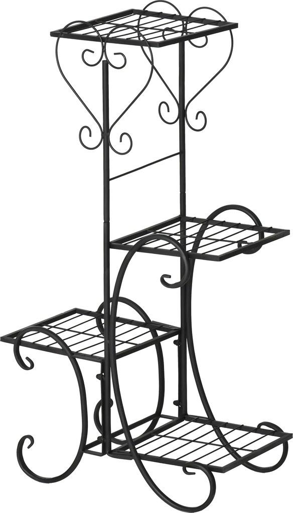 Outsunny Metalový Stojan na Květiny 4 Úrovně - Stojan pro Květiny na Balkon a do Zahrady, Černý 45 x 24,5 x 80 cm