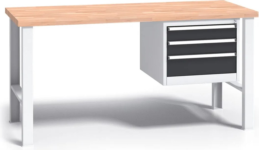 Pracovní stůl do dílny G3 se závěsným boxem na nářadí, buková spárovka, 3 zásuvky, pevné kovové nohy, 1500 mm, grafit