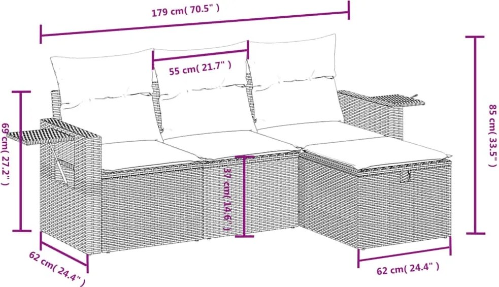 4dílná zahradní sedací souprava s poduškami šedá polyratan 3263756