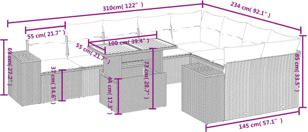 10dílná zahradní sedací souprava s poduškami černá polyratan 3272791