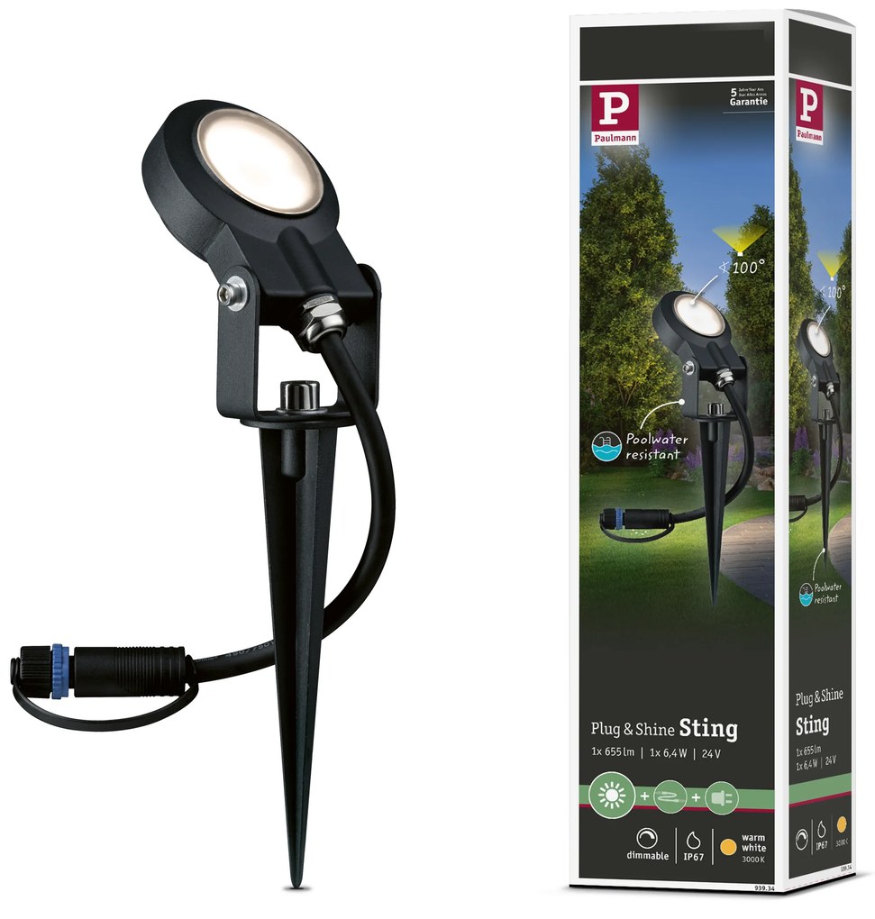 Paulmann 93934 Plug&Shine Sting, zahradní reflektor 6W LED 3000K, antracit, IP67