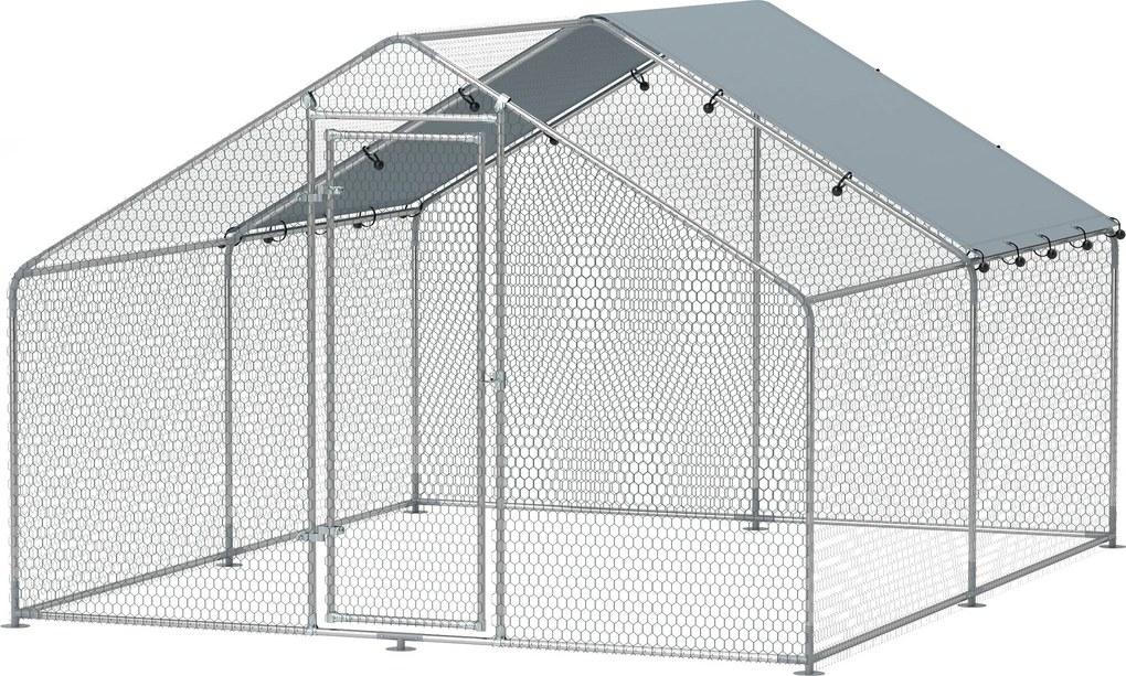 PawHut Venkovní Kurník, 3x3,4x1,9m 10,2m² Zinkem Potahovaný Ocelový Systém pro 10-15 Slepice, Kurník s Voděodolnou Anti-UV Střechou a Zámkem, pro Malá