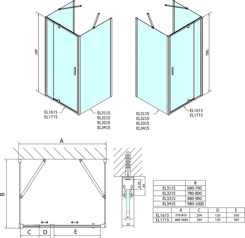 Polysan Polysan, EASY sprchový kout tři stěny 900-1000x900mm, pivot dveře L/P varianta, čiré sklo, EL1715EL3315EL3315