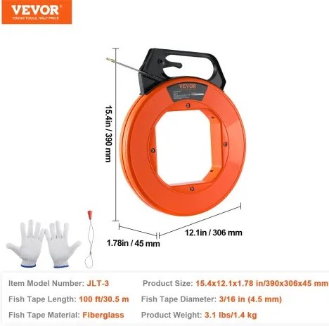 Fish Tape, 30,5 m, 4,8 mm, sklolaminátový stahovák drátu s optimalizovaným pouzdrem