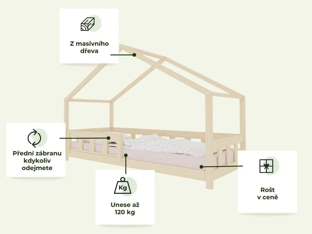 Benlemi Domečková postel PLOTTY s předním štítem Zvolte barvu: Šalvějová zelená, Zvolte rozměr: 140x200 cm, Zvolte zábranu: S otevřeným vstupem