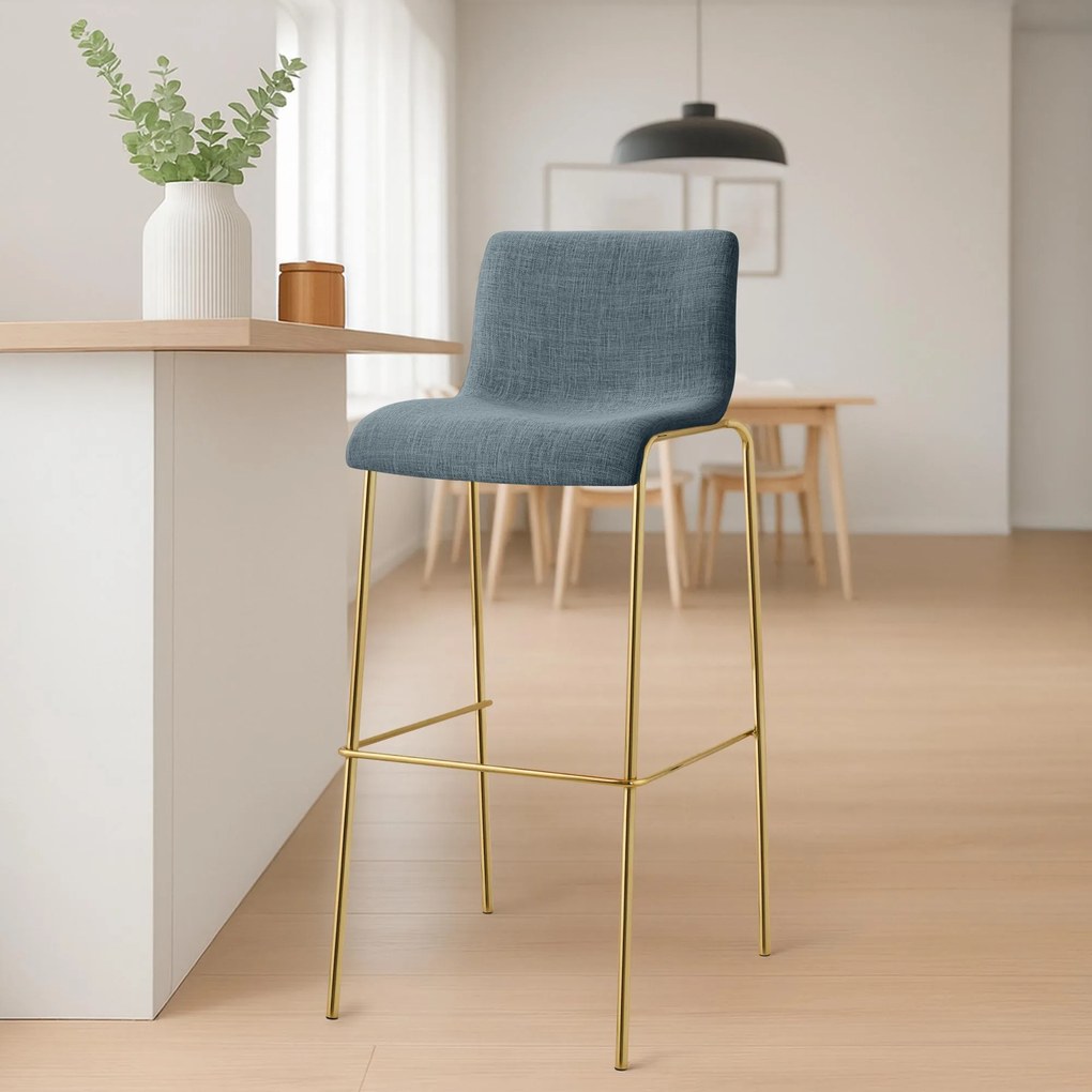 Sada 2 barových židlí Hoover látka čtyřnohá konstrukce Gold – modrá